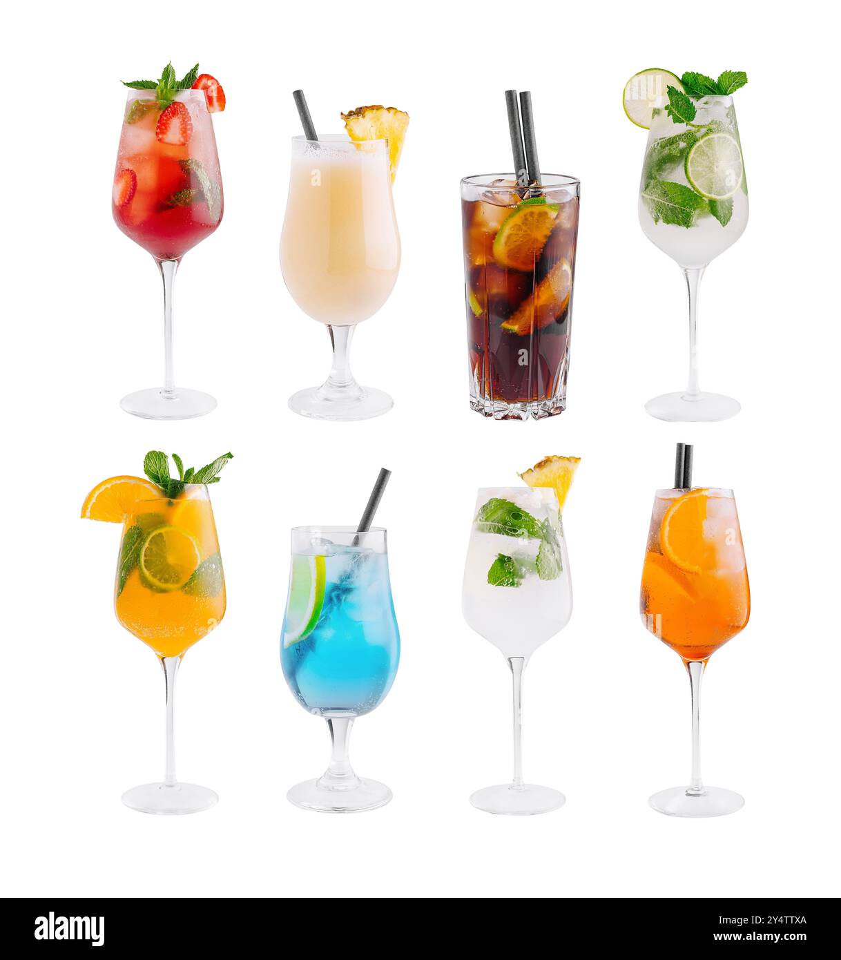 Eight colorful cocktails are pictured, each with a unique blend of ...