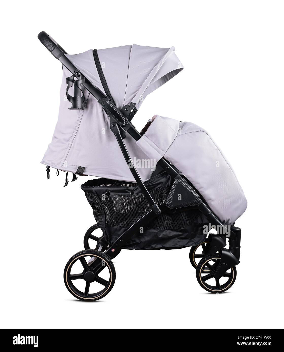 Empty modern gray baby stroller with black chassis and gold wheels ...