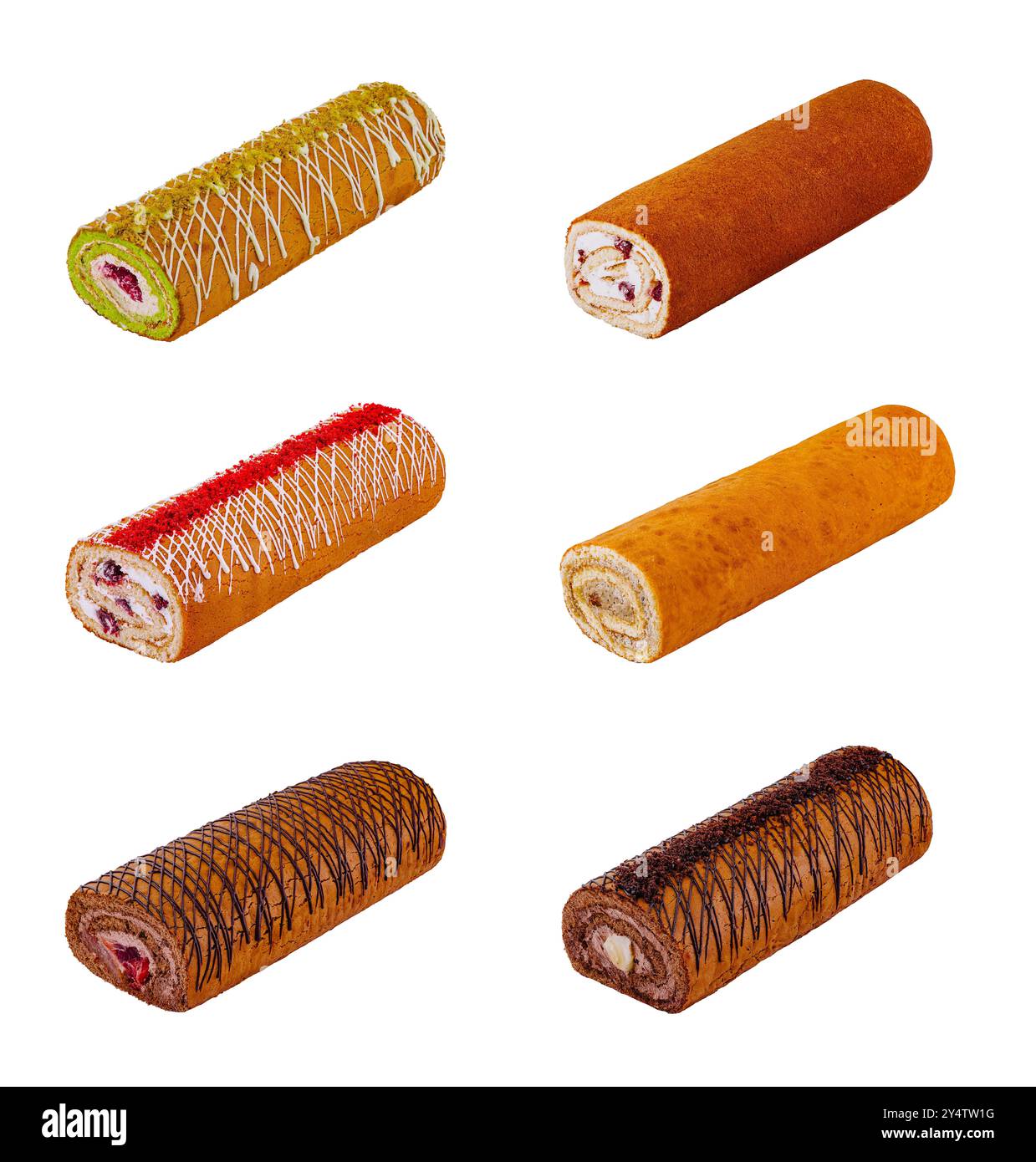 Six different sponge roll cakes are laying horizontally on a white ...