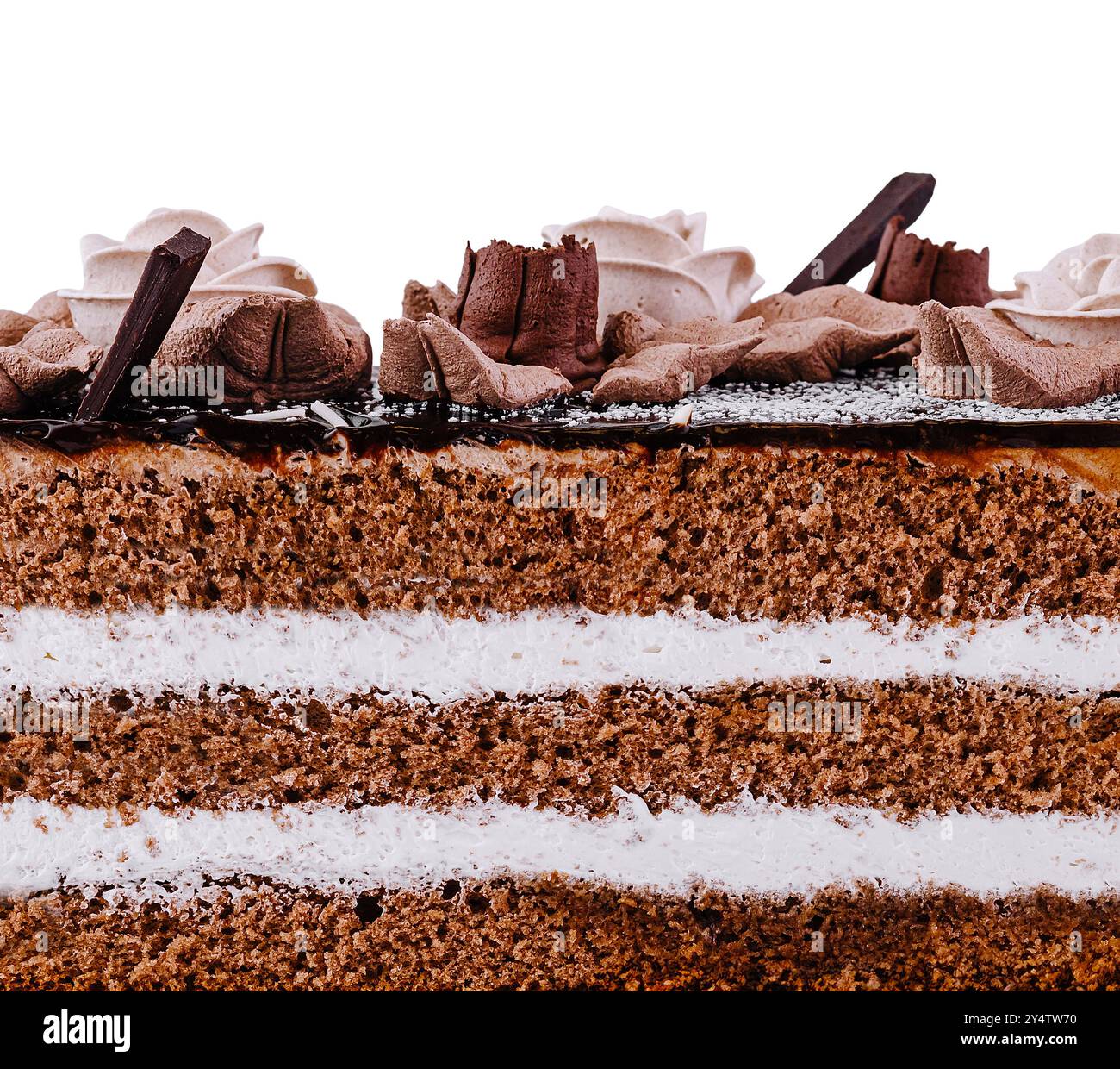 Close-up view of a chocolate cake highlighting the multiple layers of ...