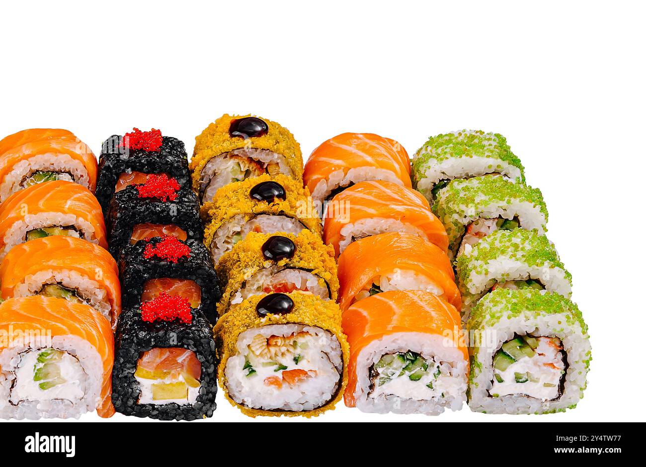 Sushi set of different types of rolls showing filling ingredients Stock ...