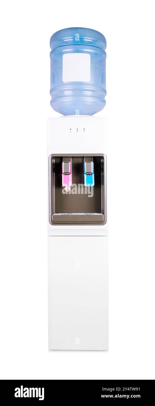 White water cooler with a big blue bottle standing on a white ...