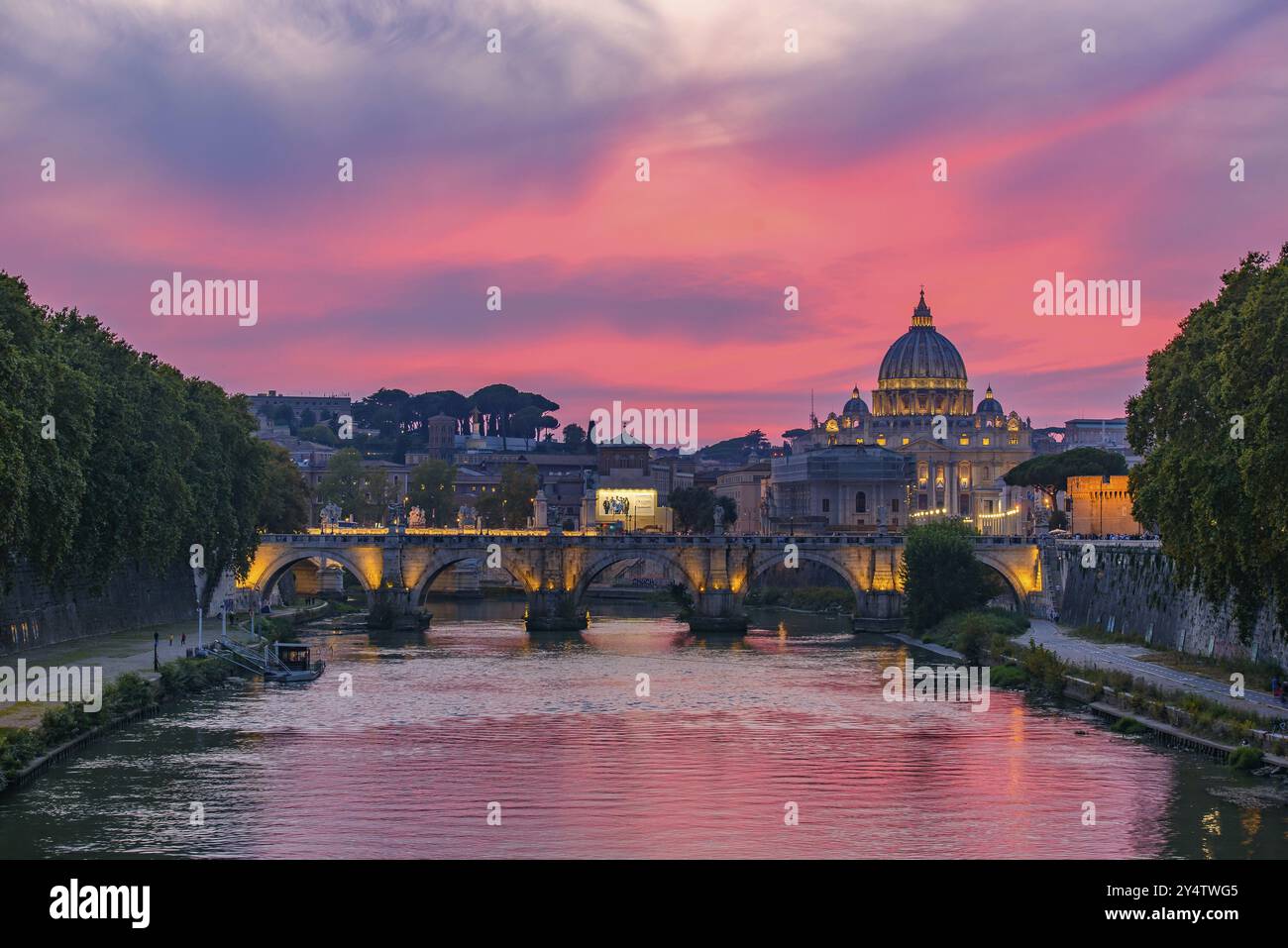 Sunset view of St. Peter's Basilica, Ponte Sant'Angelo, and Tiber River ...