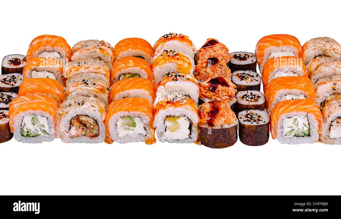 Different kinds of sushi rolls forming a rectangle on white background ...