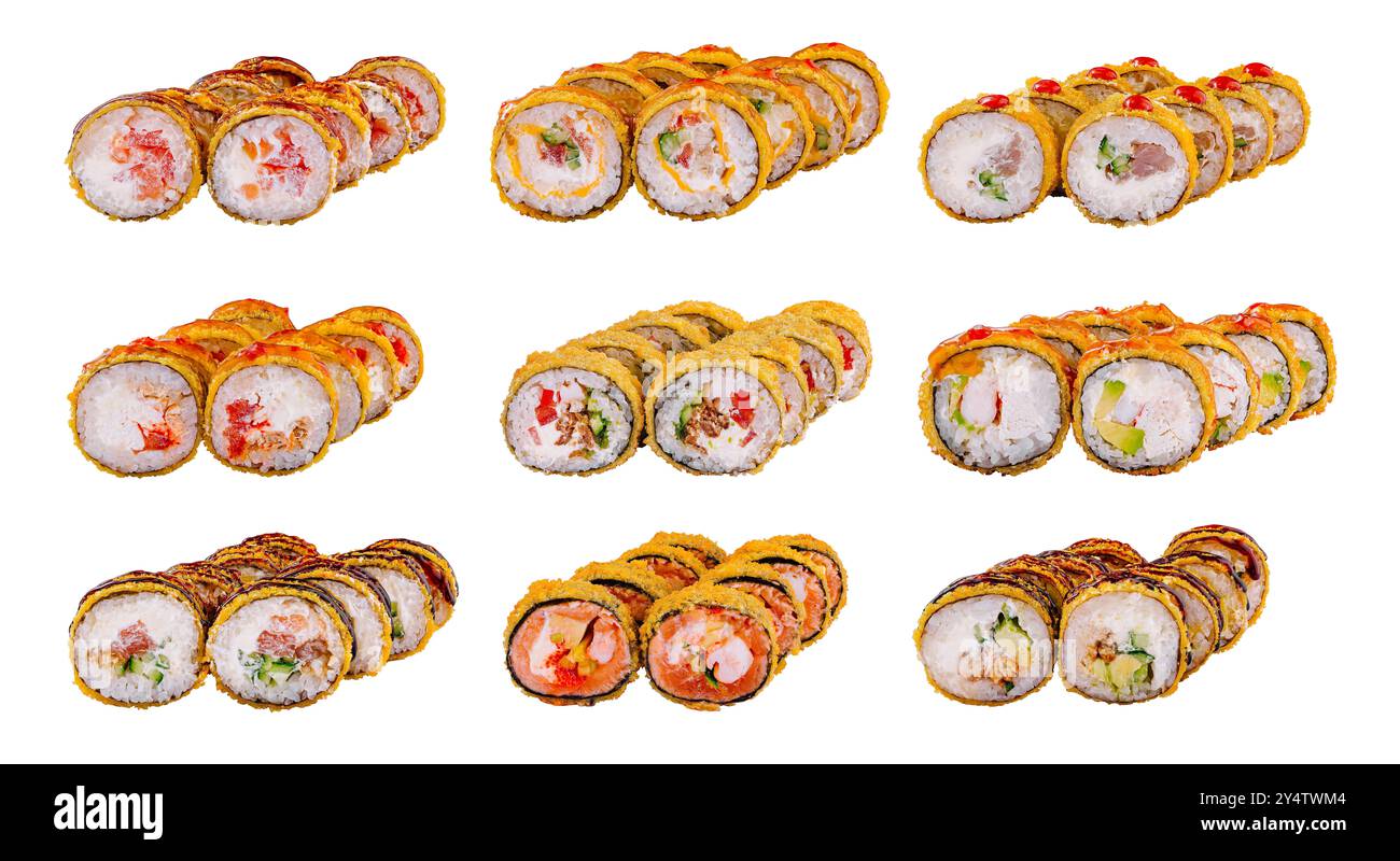 Different types of delicious tempura sushi rolls showing variety of ...