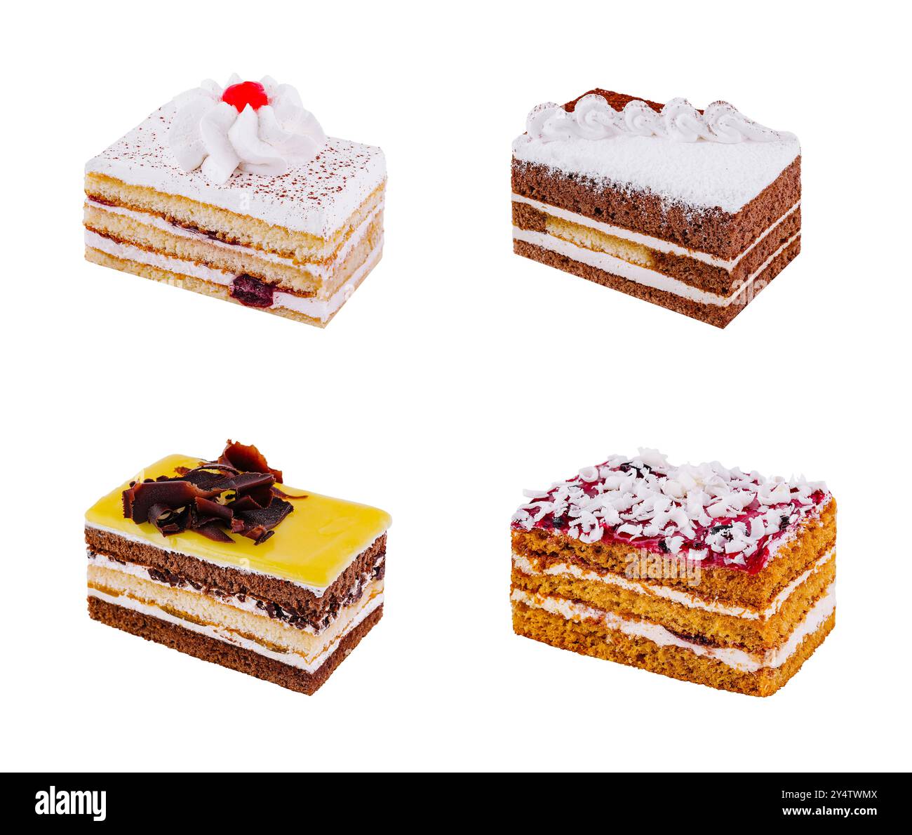 Four different rectangular pastry cakes with various toppings are ...