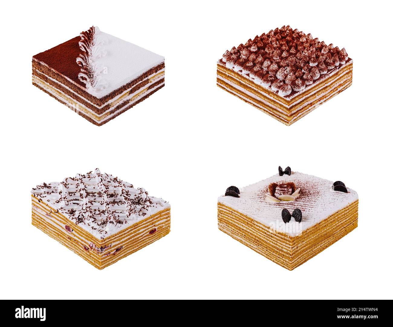 Four different square cakes layered with dough and cream decorated with ...