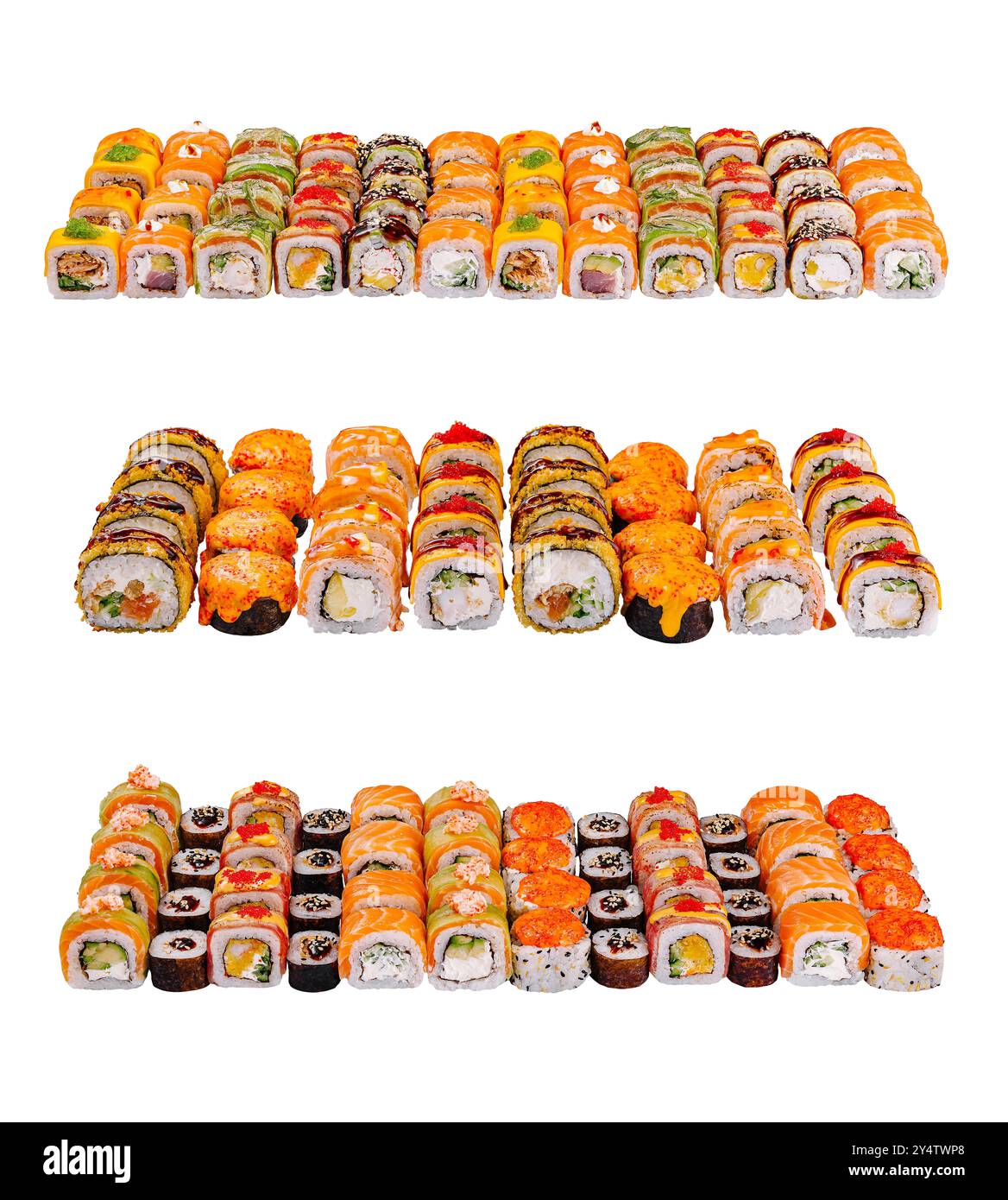 Large set of various kinds of sushi rolls presenting japanese cuisine ...