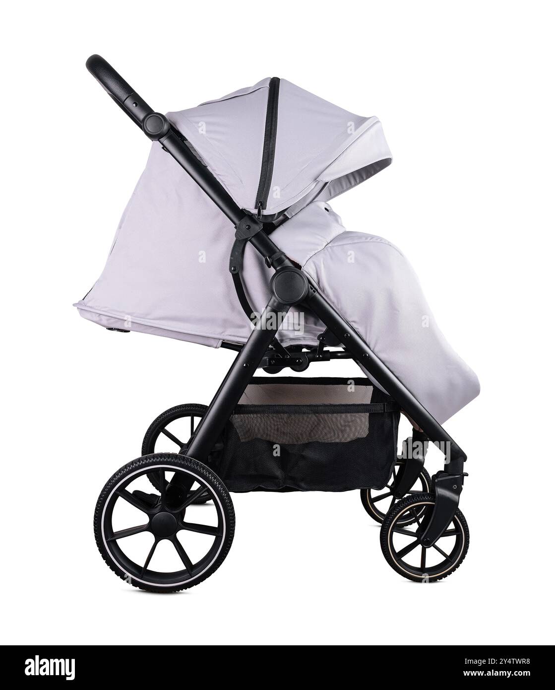 Modern gray baby stroller standing on a white background is ready for ...