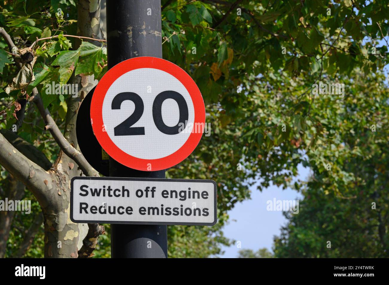 London, UK. Traffic signs on the Victoria Embankment: 20mph speed limit ...
