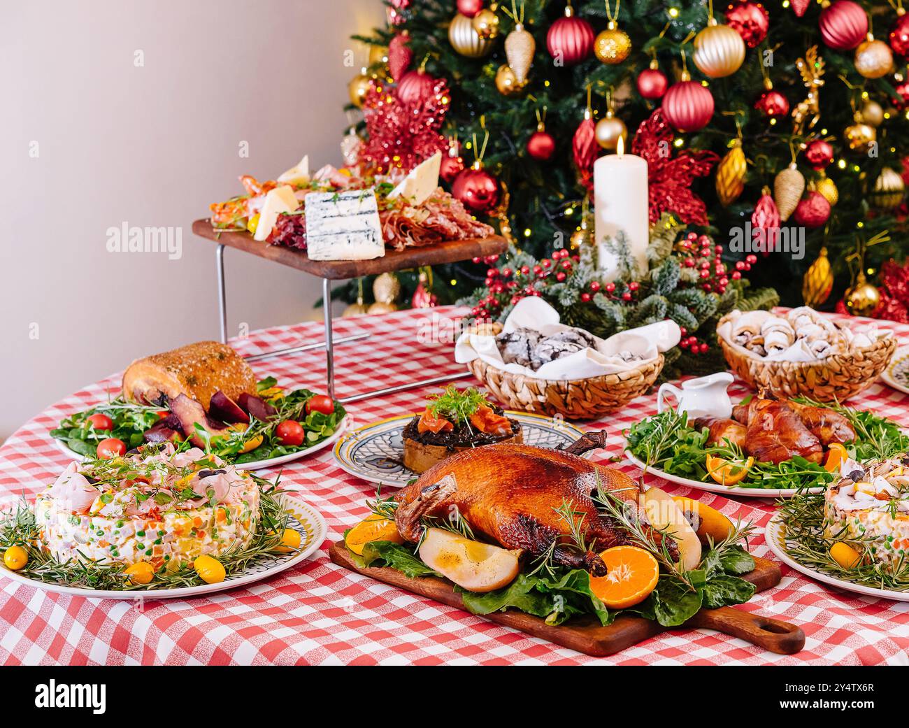 Elegant christmas feast with roasted turkey, sides, and decorations ...