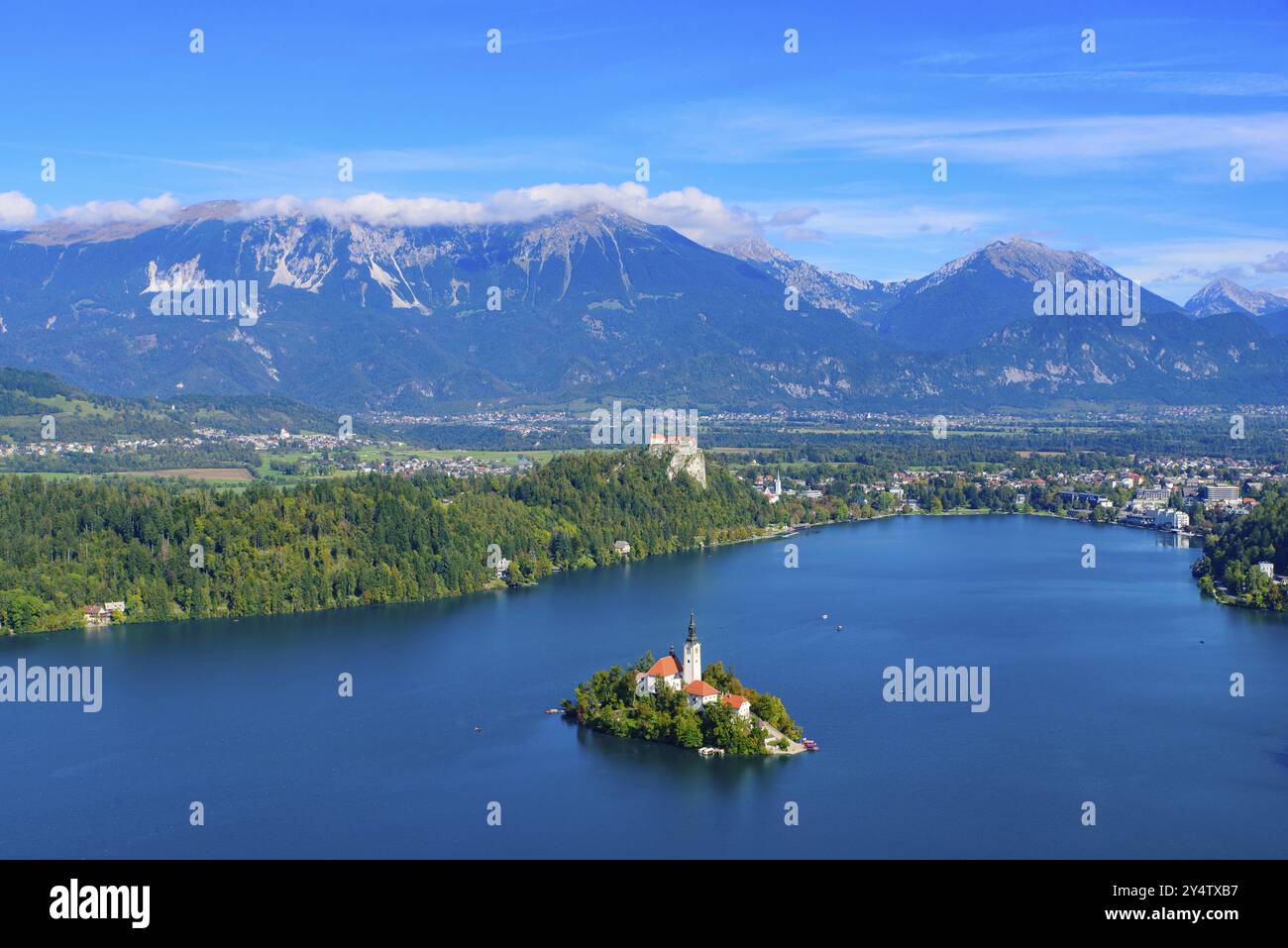Aerial view of Bled Island and Lake Bled from Osojnica Hill, a popular ...