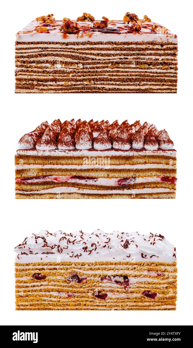 Three different rectangular cake slices are sitting on top of each ...
