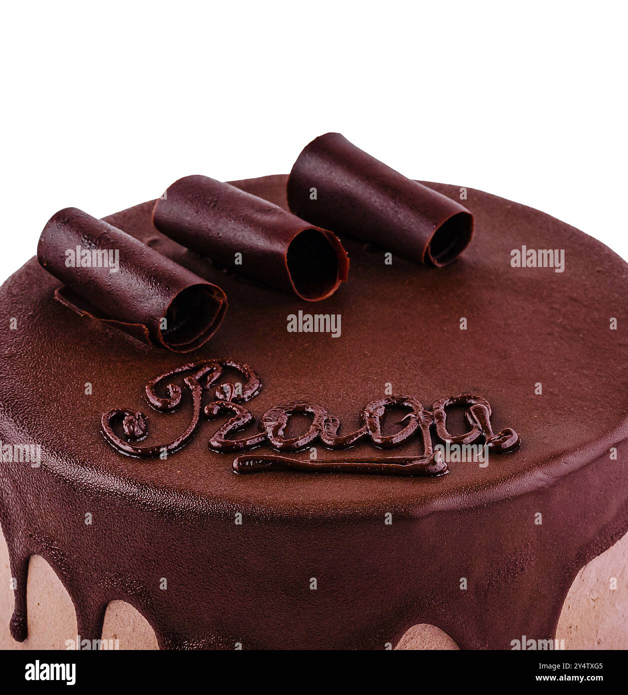 Mouthwatering chocolate cake decorated with chocolate curls on a white ...