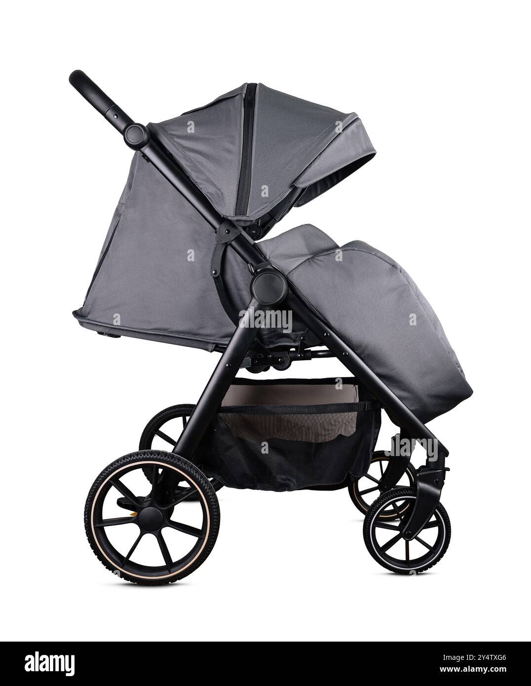Modern gray baby stroller with canopy, shopping basket and rubber ...
