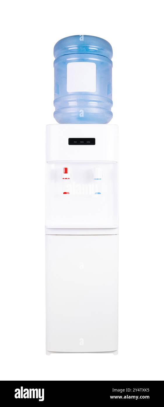 White water cooler dispensing cold and hot water standing on white ...