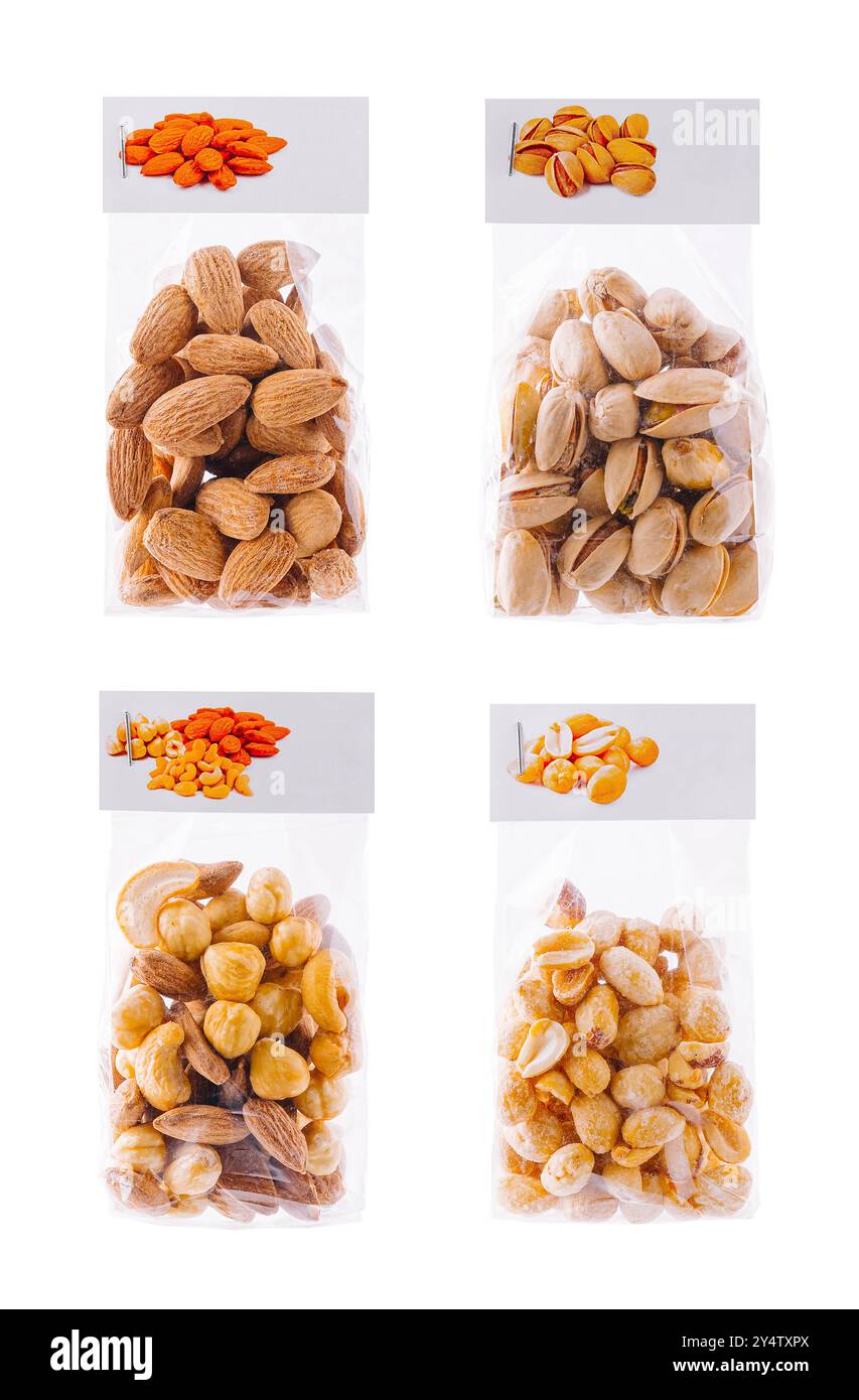 Different types of nuts and dried fruits packed in transparent bags for ...