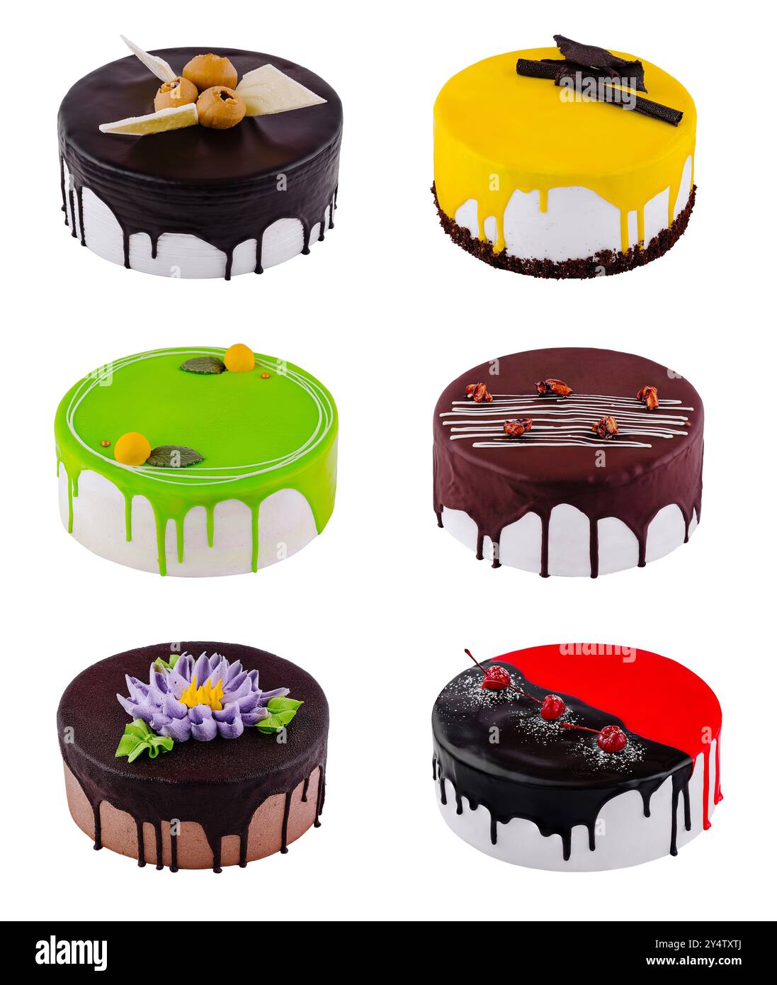 Six delicious round cakes decorated with chocolate, fruits, nuts and ...