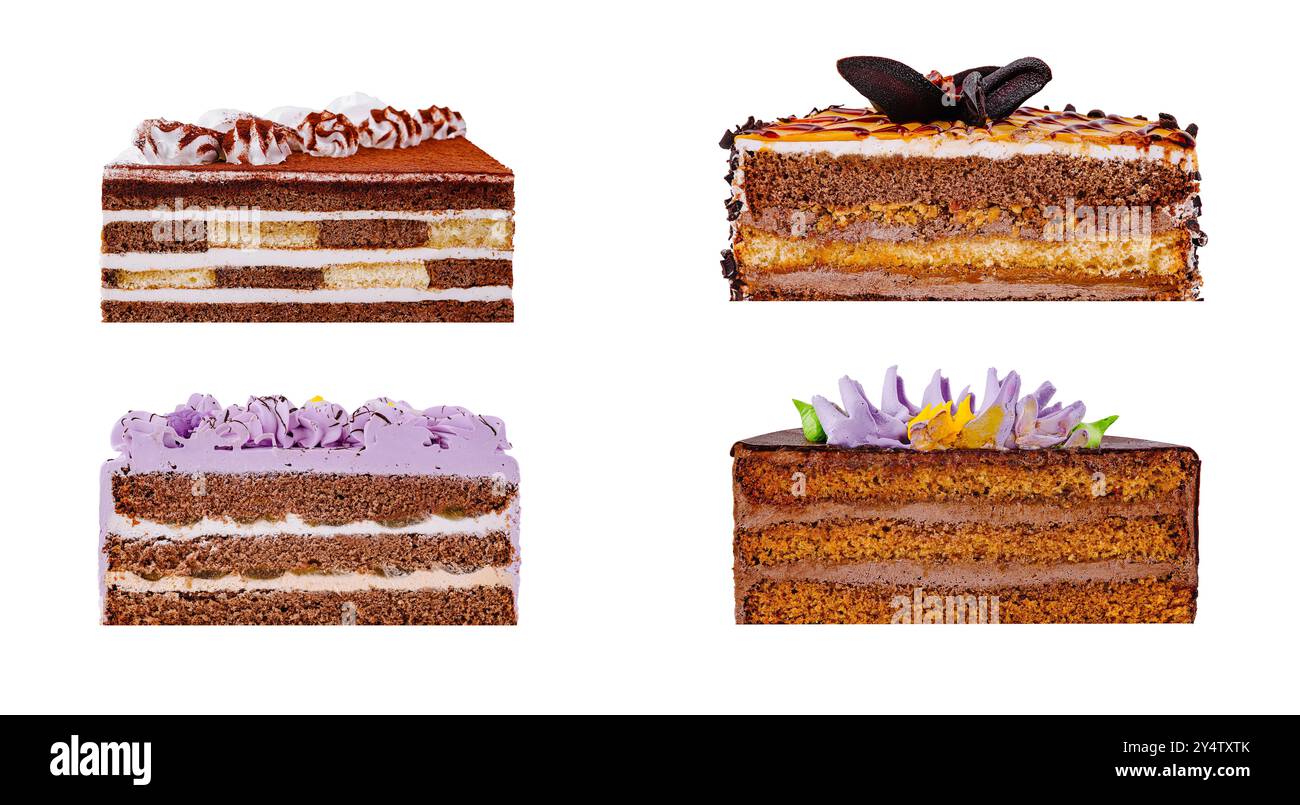 Set of four various cakes with different toppings and layers is showing ...