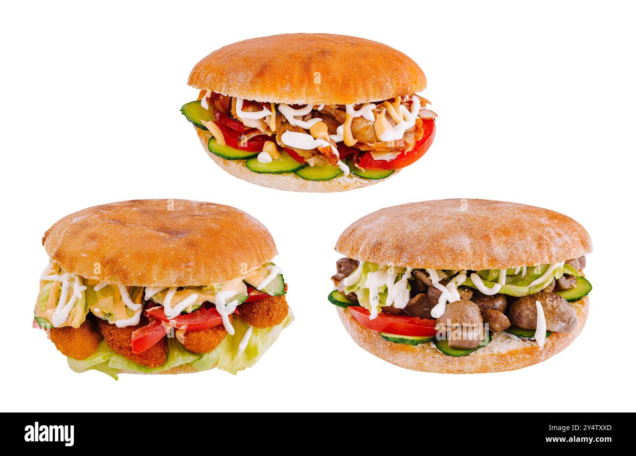 Three appetizing pita sandwiches with different fillings are lying on a ...