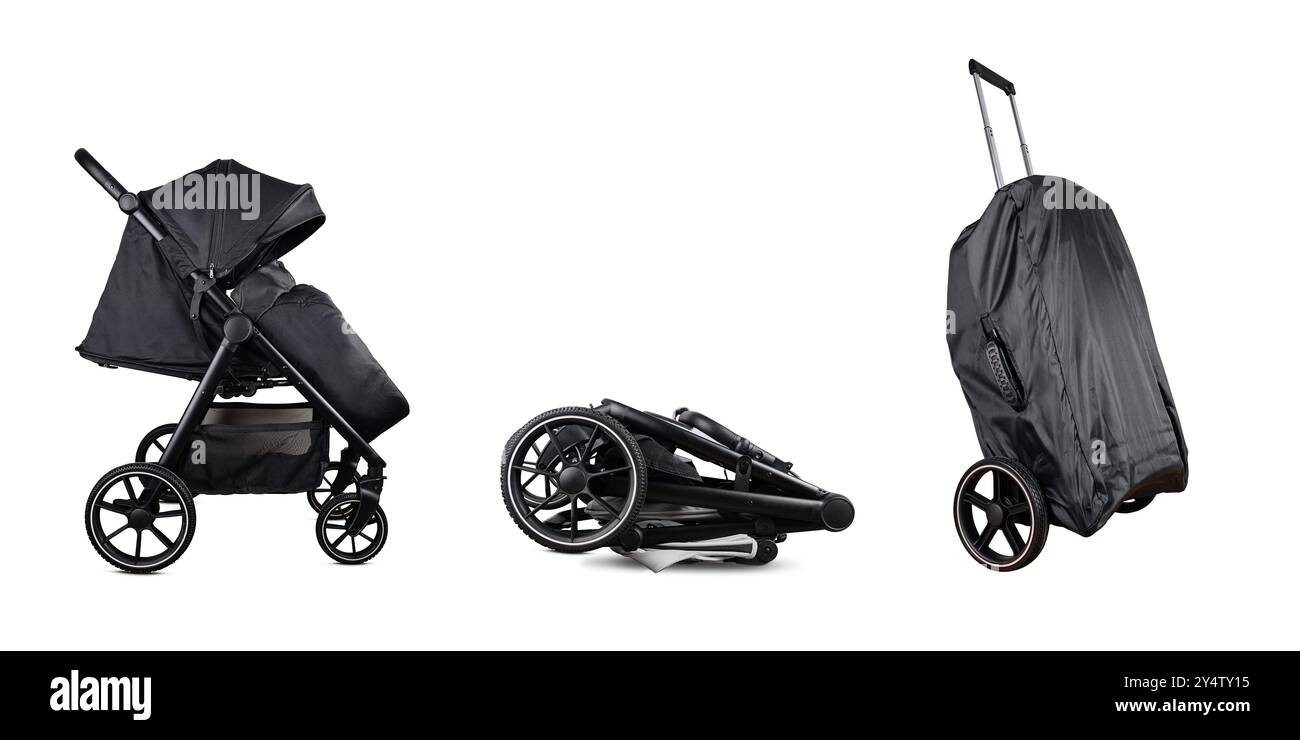 Black baby stroller or pram isolated on white background showing ...