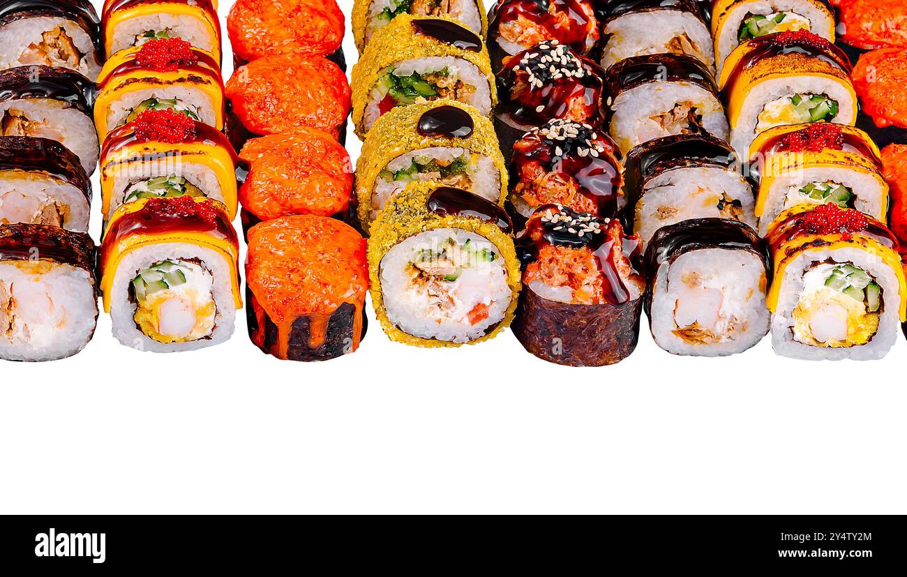 Delicious assortment of colorful maki and uramaki sushi is served on a ...