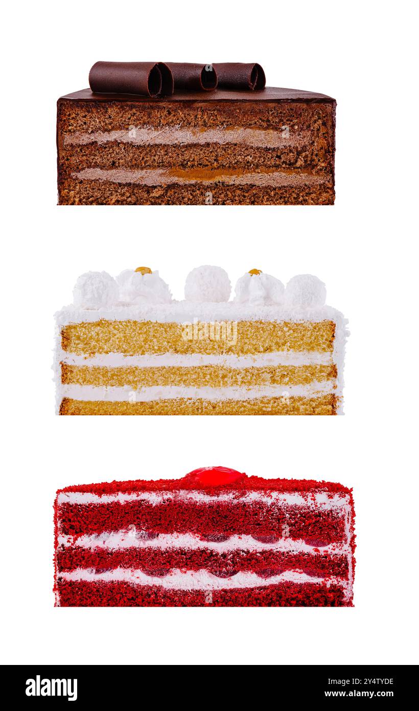 Delicious set of cake slices with various icings and layers, isolated ...
