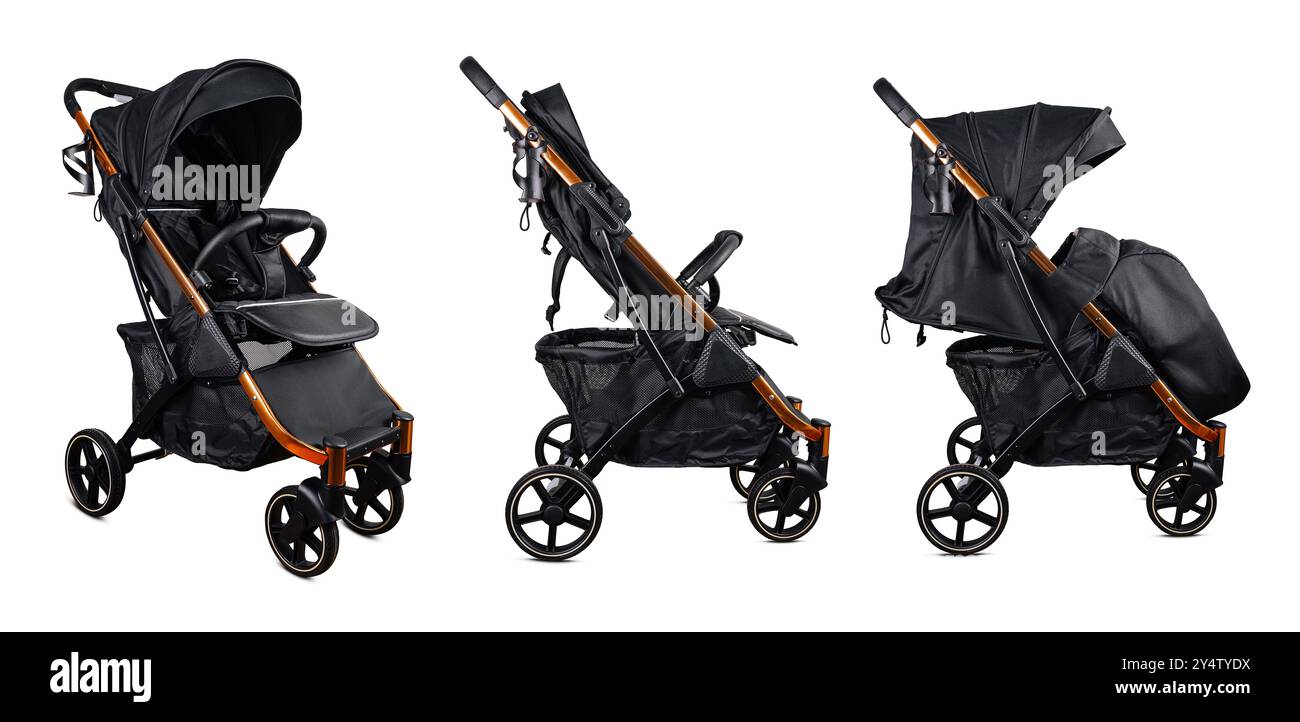 Modern black and copper baby stroller folding up in three steps on a ...
