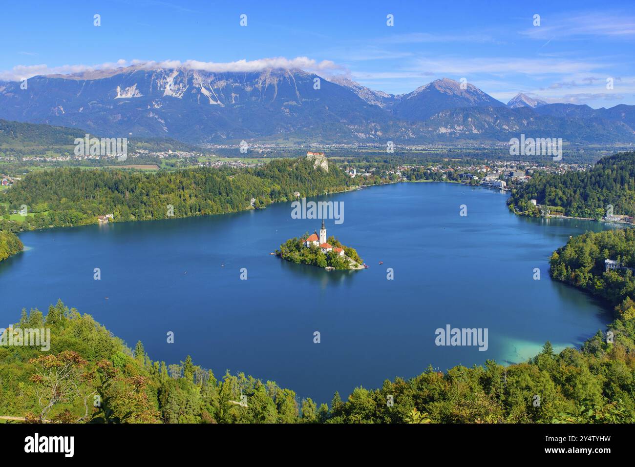Aerial view of Bled Island and Lake Bled from Osojnica Hill, a popular ...