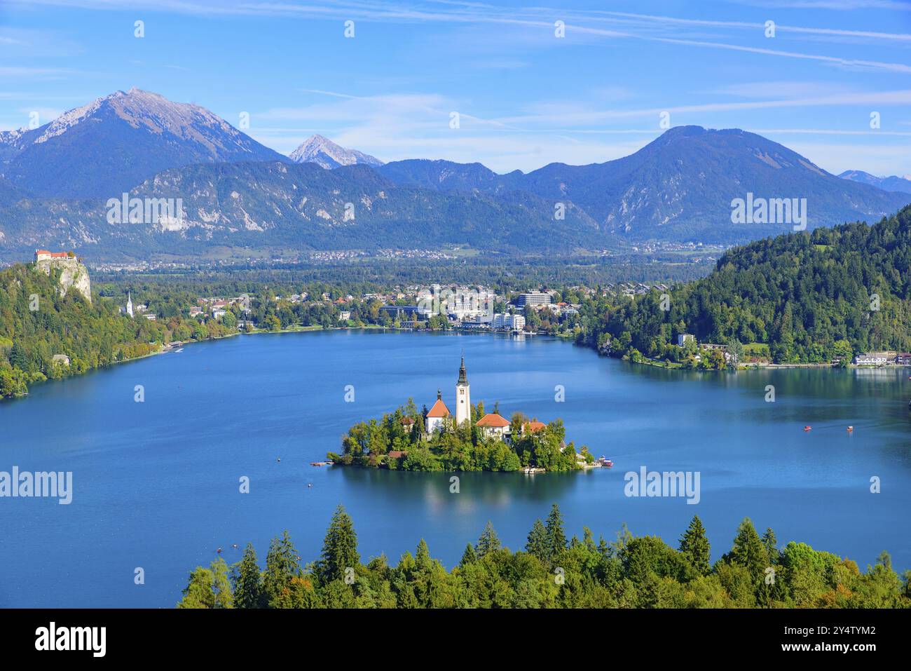 Aerial view of Bled Island and Lake Bled from Osojnica Hill, a popular ...
