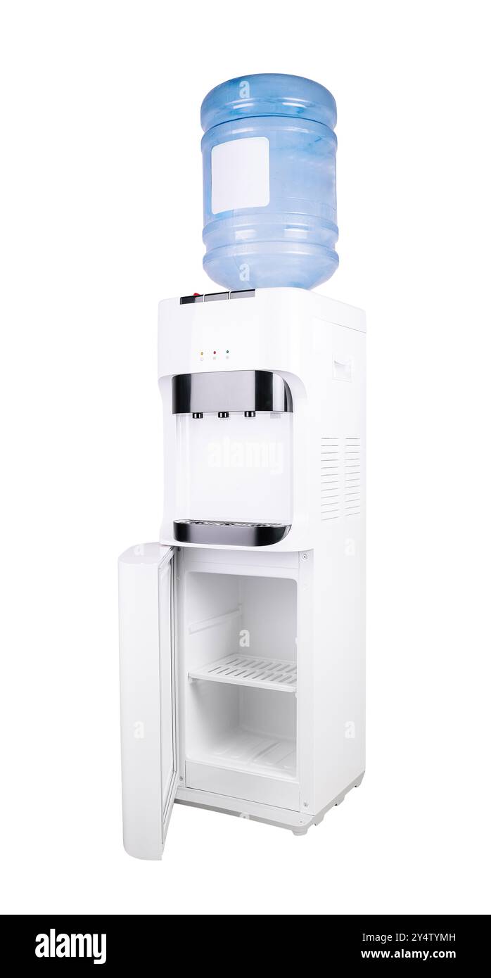 Modern water cooler dispenser with open empty fridge compartment on ...