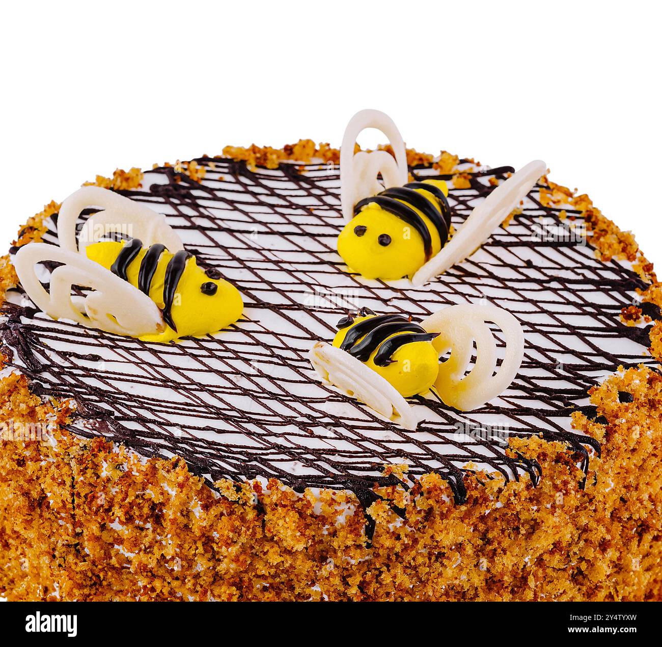 Delicious honey cake decorated with bees and chocolate on white ...