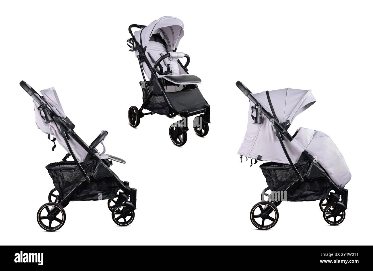 Modern gray baby stroller is standing on a white background showing ...