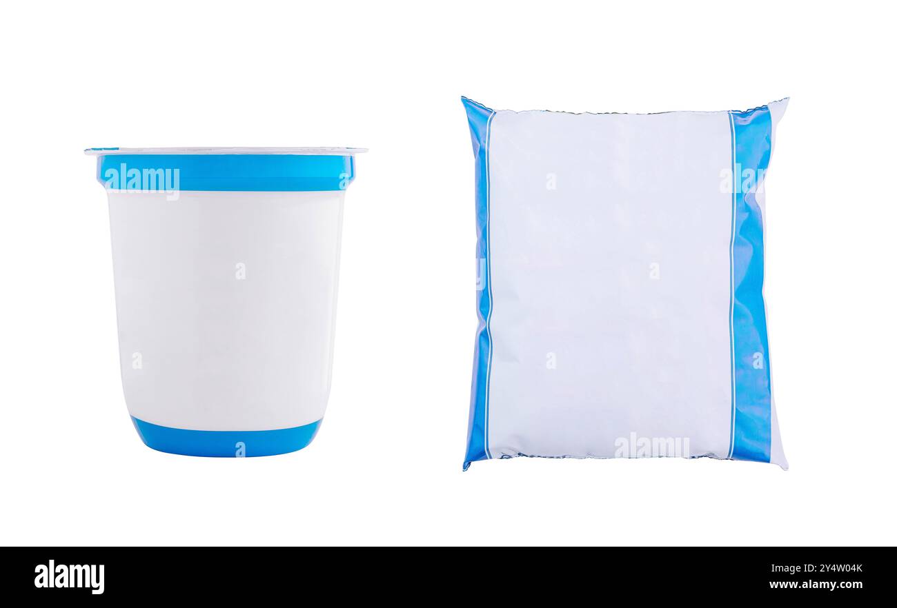Blank plastic yogurt container and a packaging are standing on a white ...