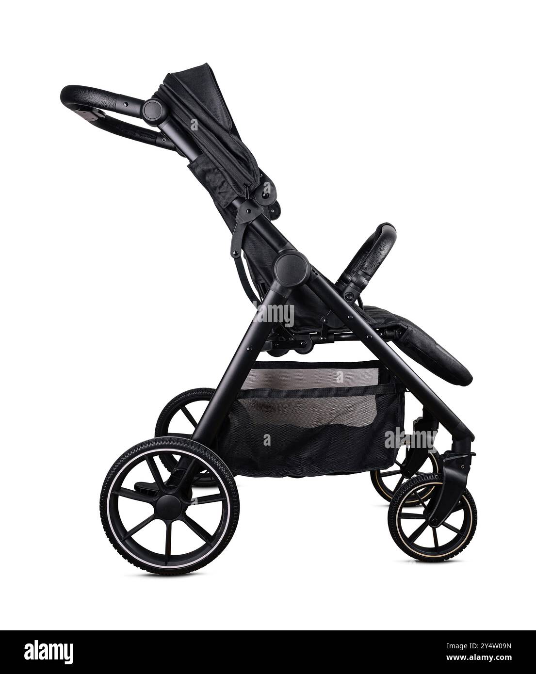 Black baby stroller with adjustable handle and shopping basket standing ...