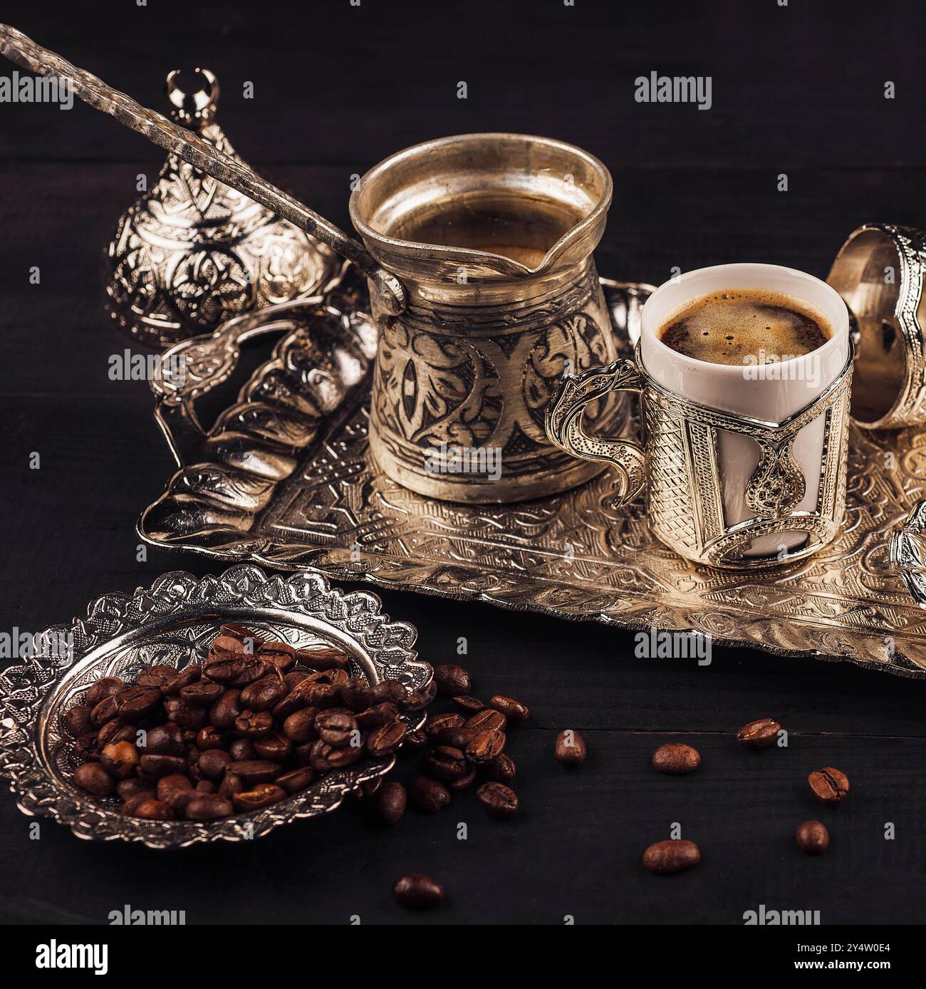 Traditional turkish coffee setup is waiting to be served with its ...