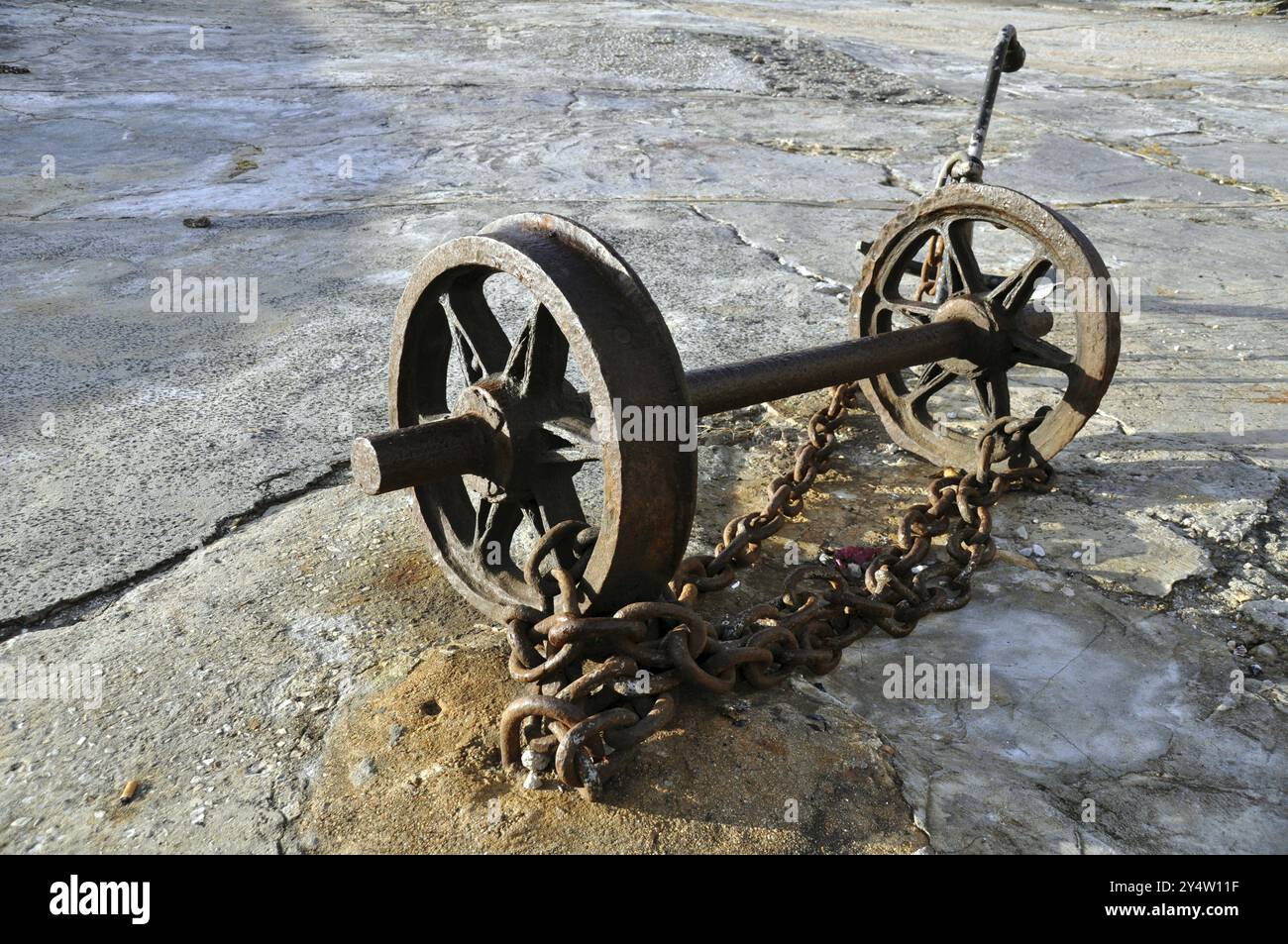 A set of old tram wheels on an axle in the old harbour of Hermanus ...