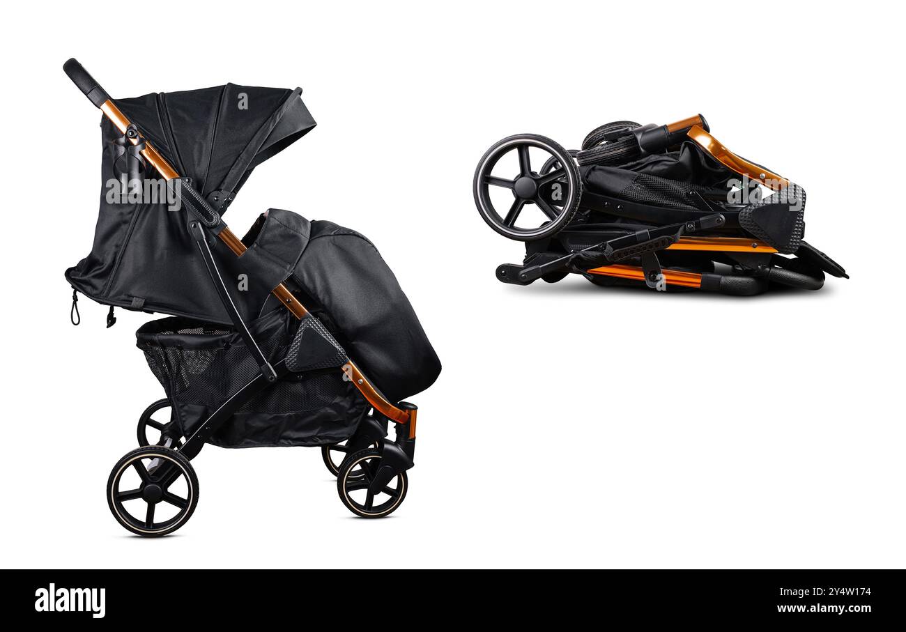 Sleek and modern baby stroller is shown in both a standing and folded ...