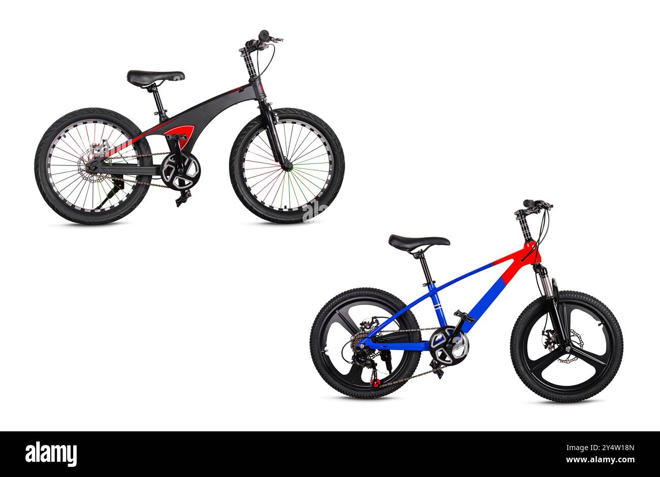 Vibrant red and blue kid's bike with training wheels isolated on a ...