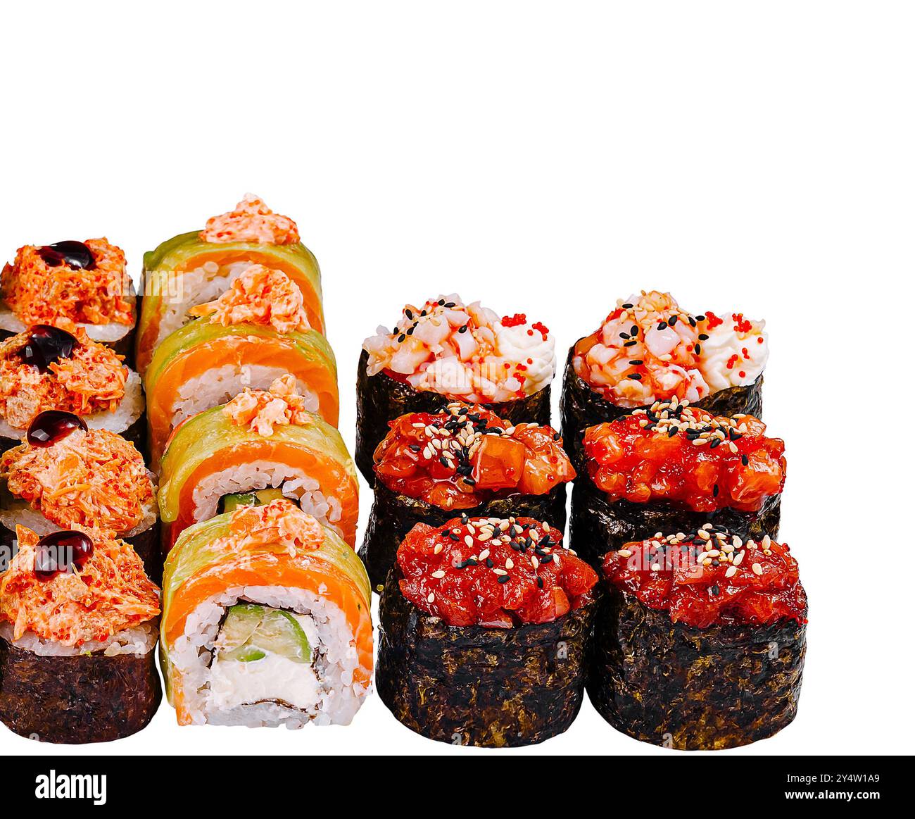 Different types of sushi rolls are lying in a row on a white background ...