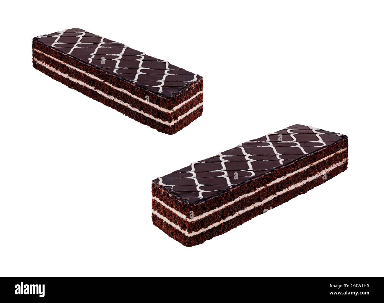Two rectangular chocolate cake bars with layers are covered with ...