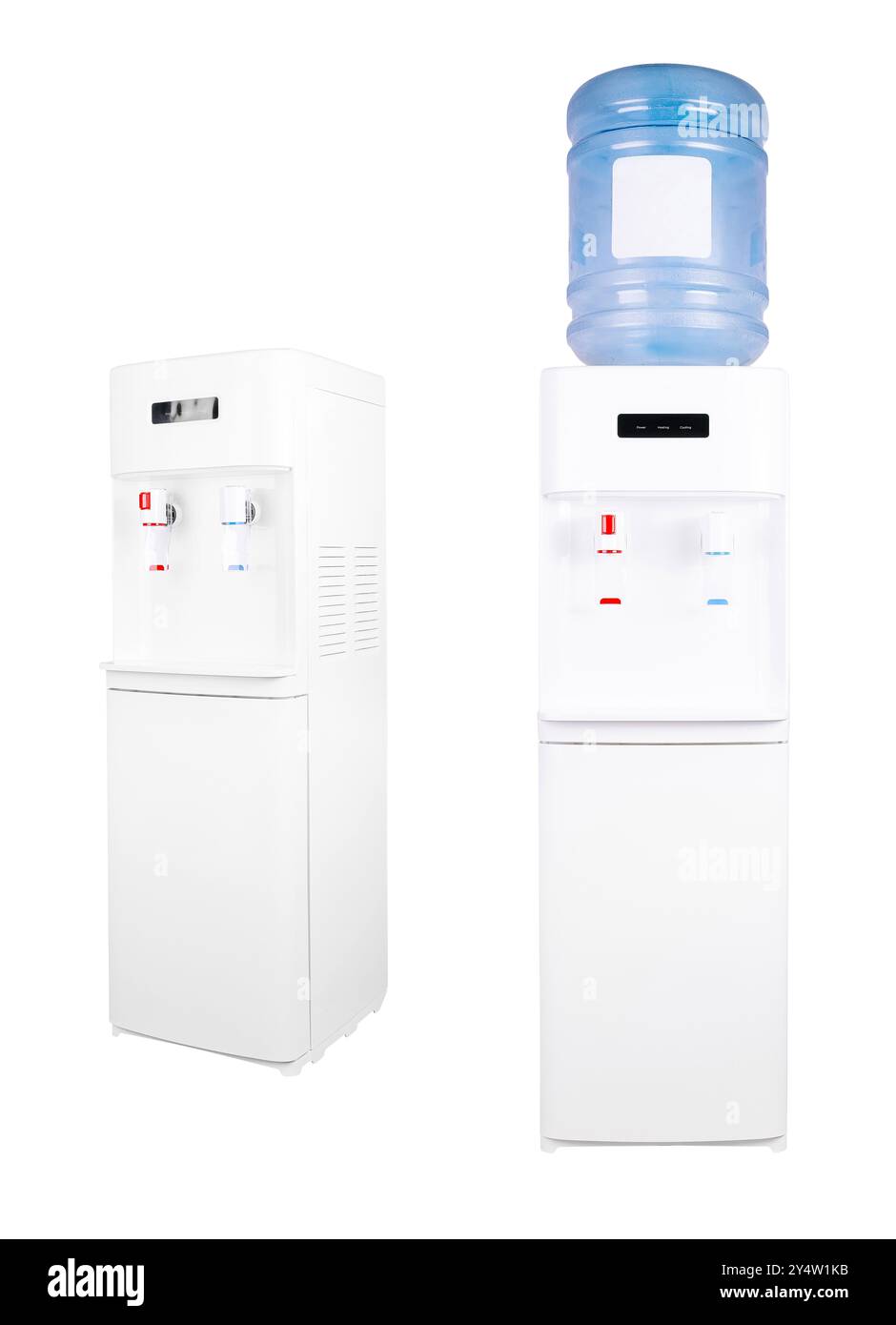 Two white water coolers, one with a full bottle of water on top ...