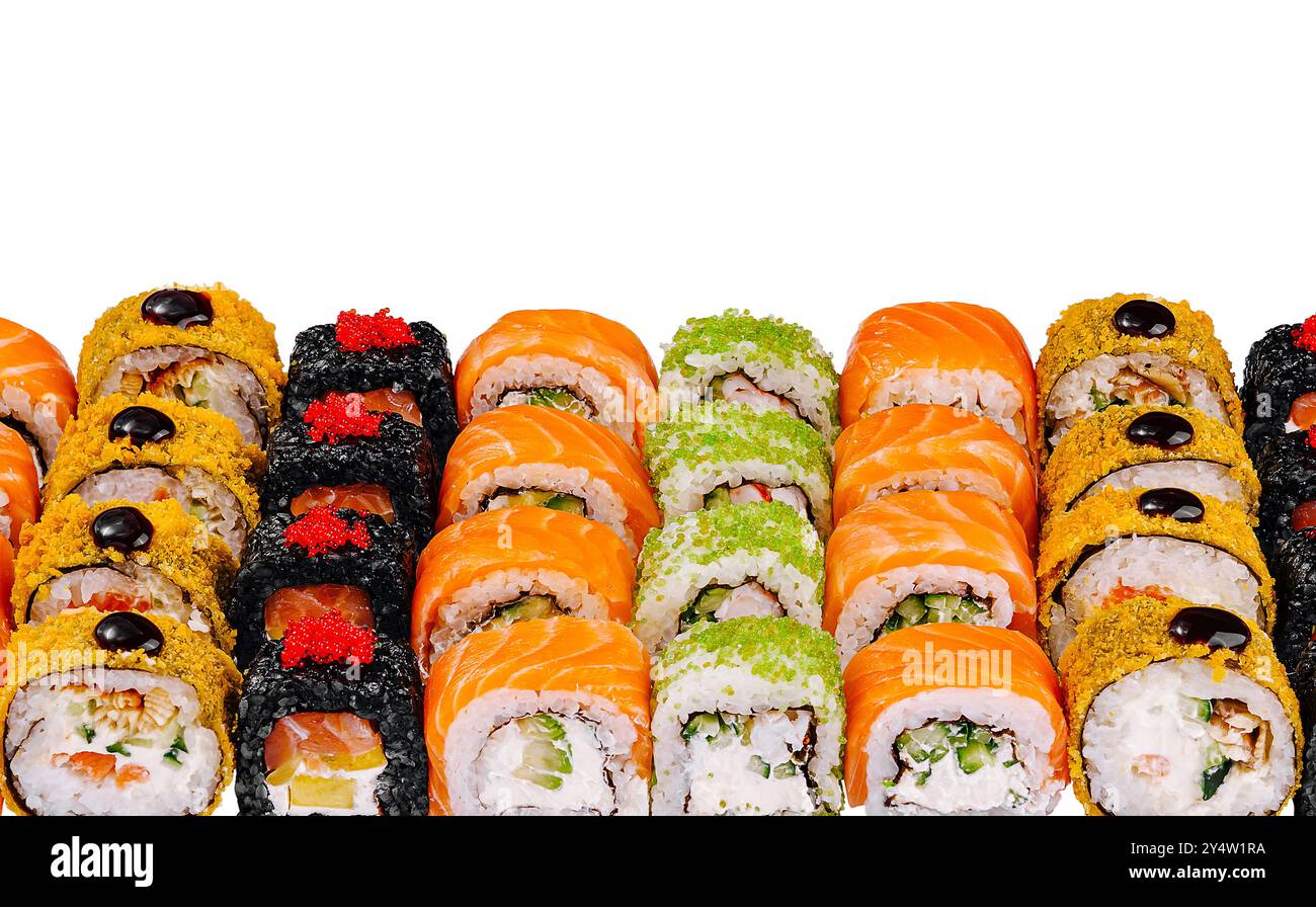 Sushi set of different types of rolls showing filling ingredients Stock ...