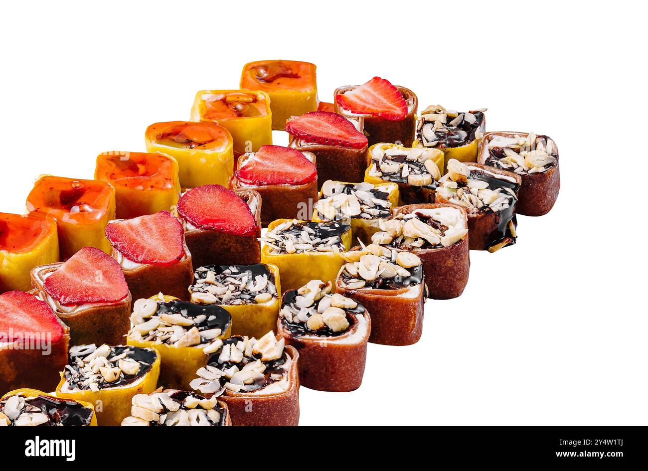 Delicious pieces of sweet sushi with various toppings forming diagonal ...