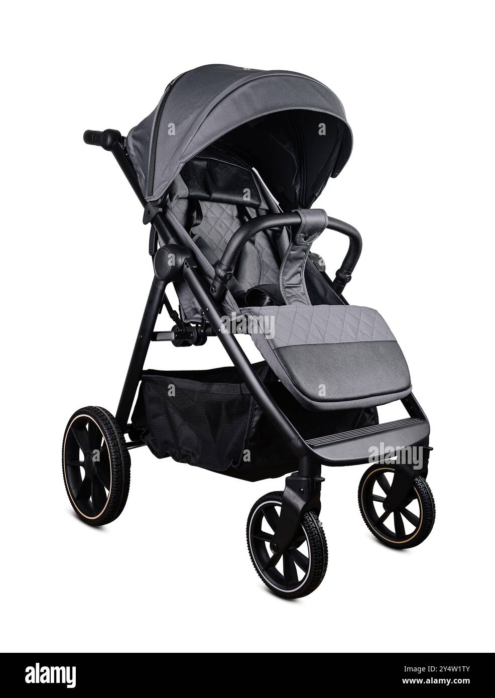 Gray baby stroller with black chassis and rubber wheels standing on ...