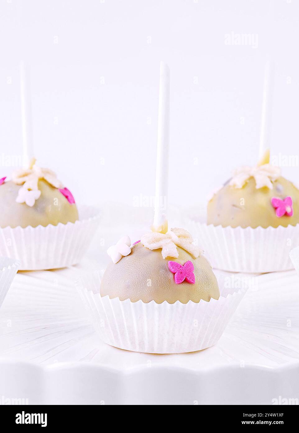 Assorted cake pops with colorful sprinkles displayed on a stylish white ...