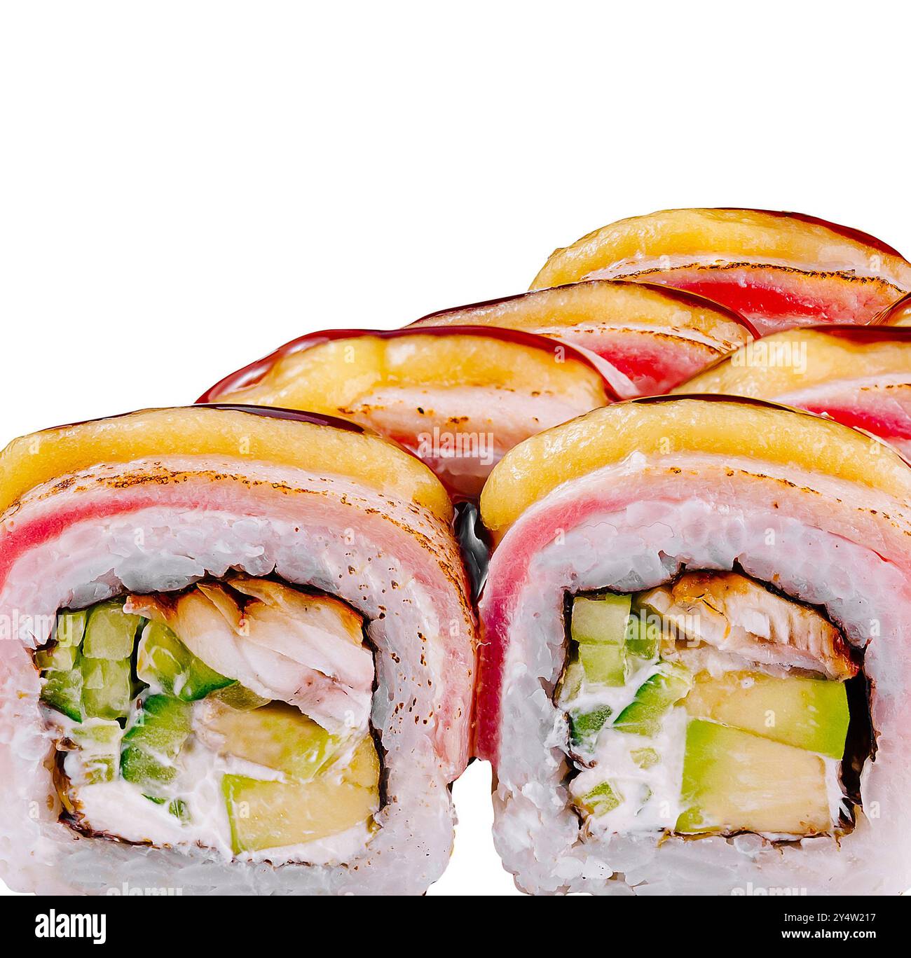 Sushi rolls with eel, avocado, cream cheese, mango and unagi sauce are ...