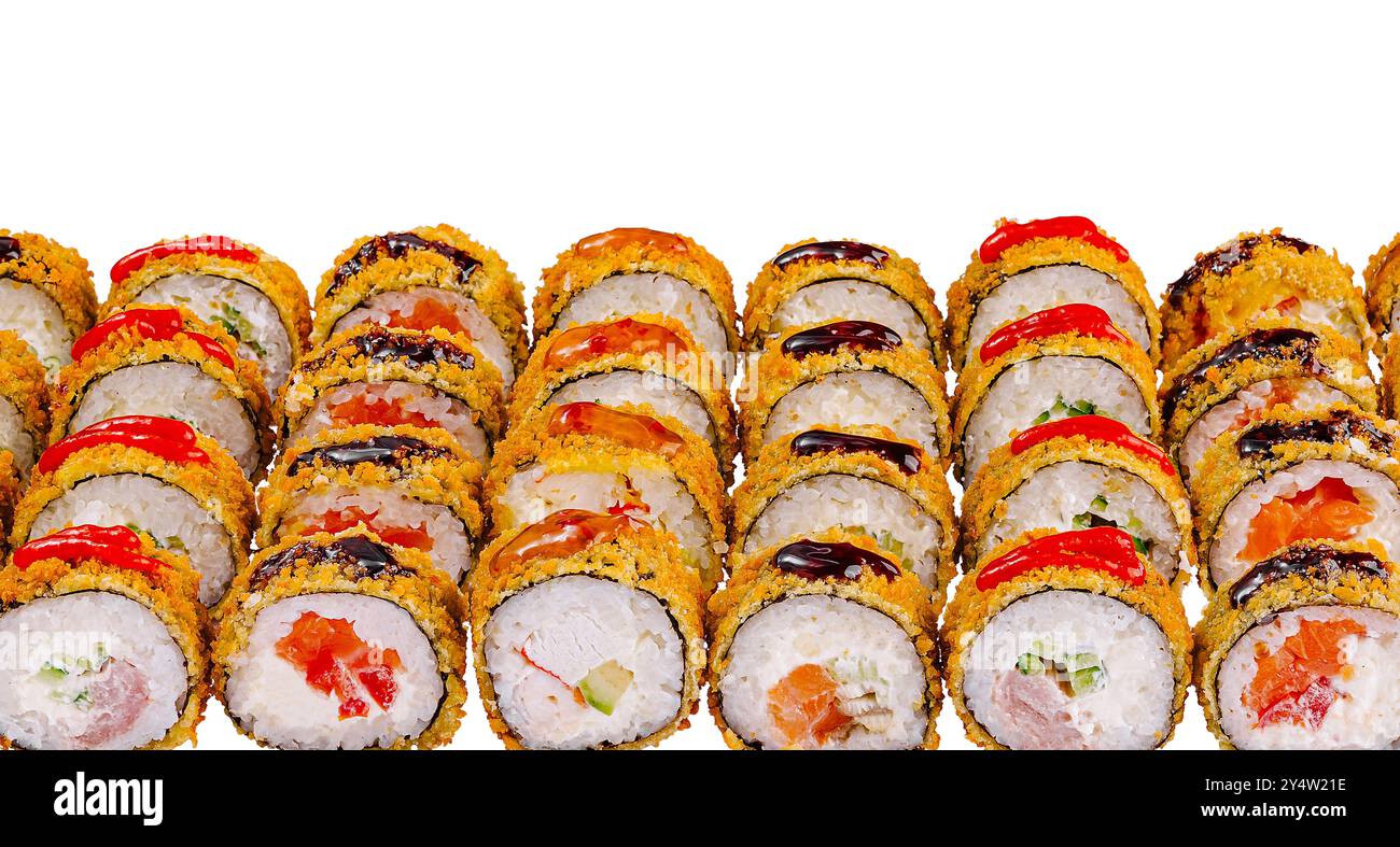 Tempura maki sushi rolls covered with bread crumbs and sesame seeds ...