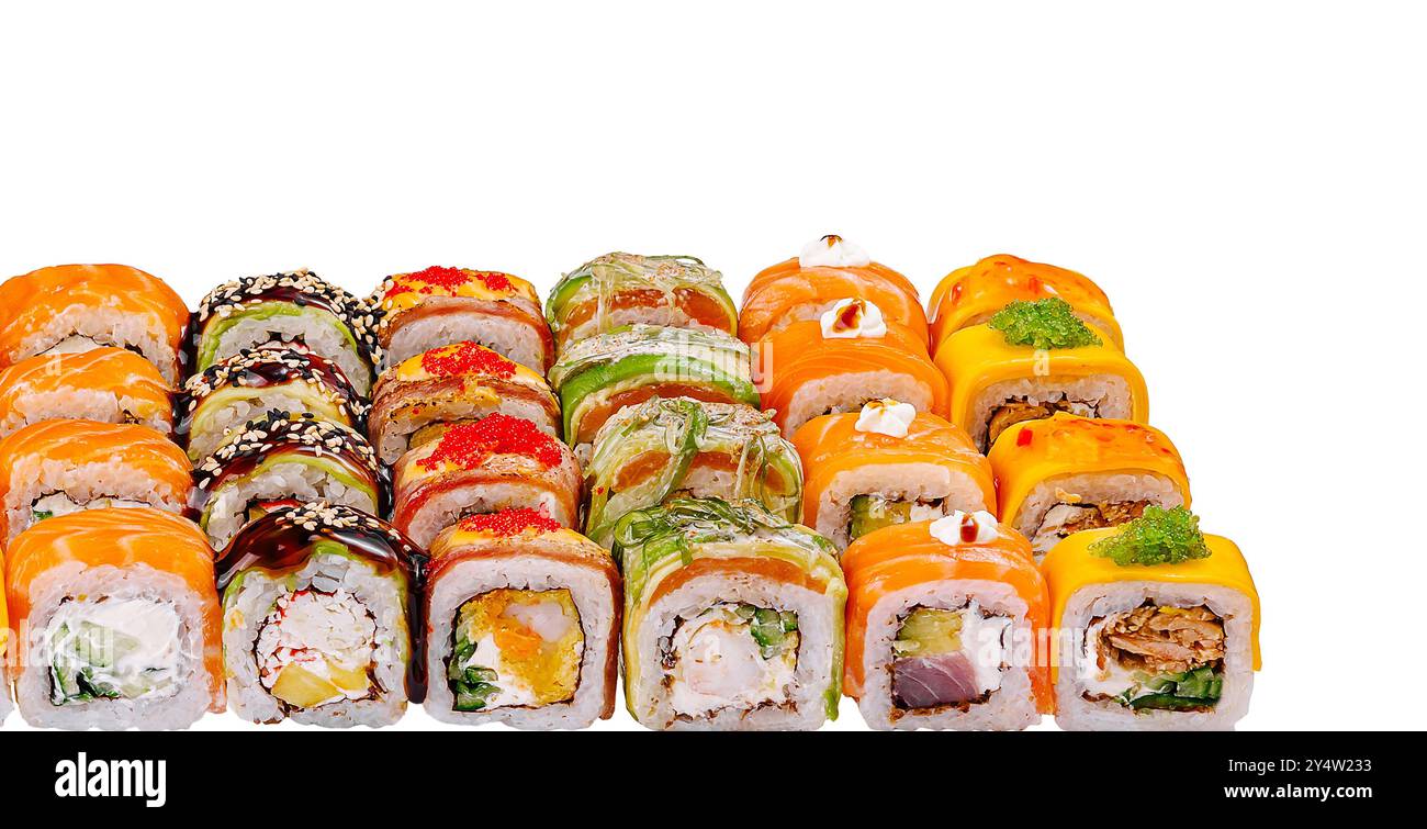 Delicious selection of colorful maki, forming a beautiful mosaic, is ...