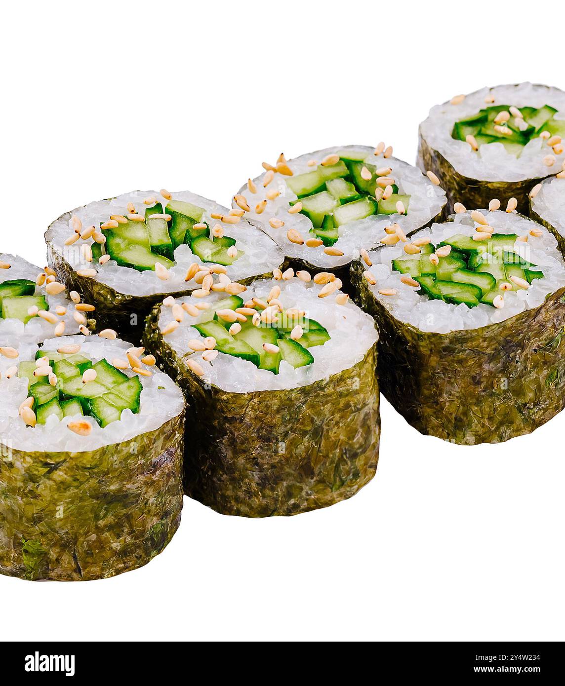 Fresh kappa maki sushi rolls with cucumber and sesame seeds on white ...